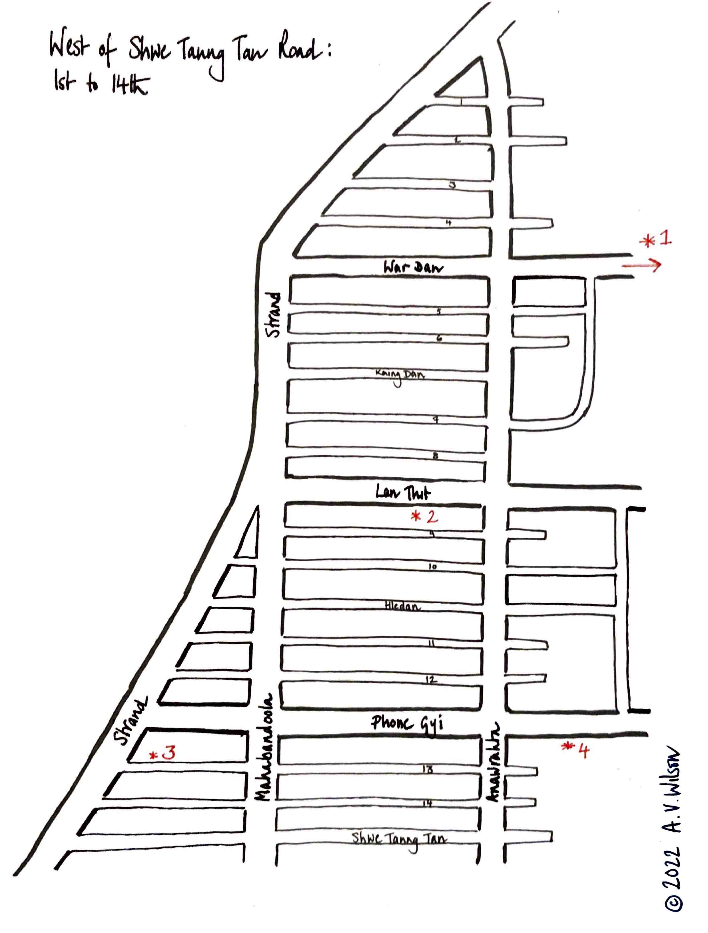 West of Shwe Taung Tan Road: 1st to 14th – Yangon street map